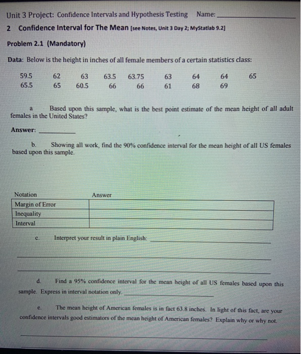 Solved Unit 3 Project: Confidence Intervals and Hypothesis | Chegg.com