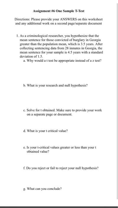 Solved Assignment #6 One Sample T-Test Directions: Please | Chegg.com