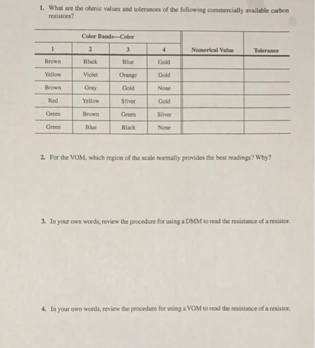 Solved 1. What are the ohmic values and tolerances of the | Chegg.com