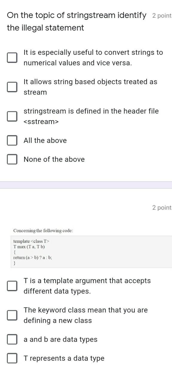 Solved On the topic of stringstream identify 2 point the | Chegg.com