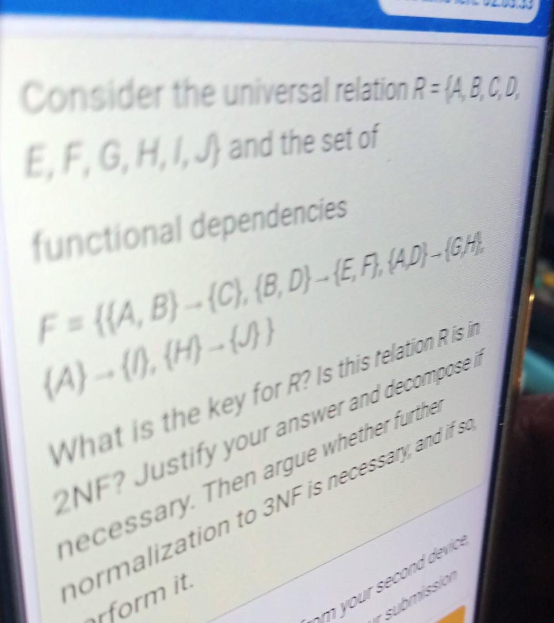 Solved Consider the universal relation R = (A, B, C, D, E, | Chegg.com