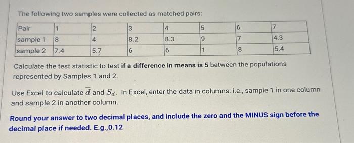 Solved The following two samples were collected as matched | Chegg.com