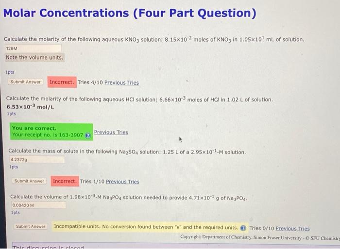 Solved Molar Concentrations (Four Part Question) Calculate | Chegg.com