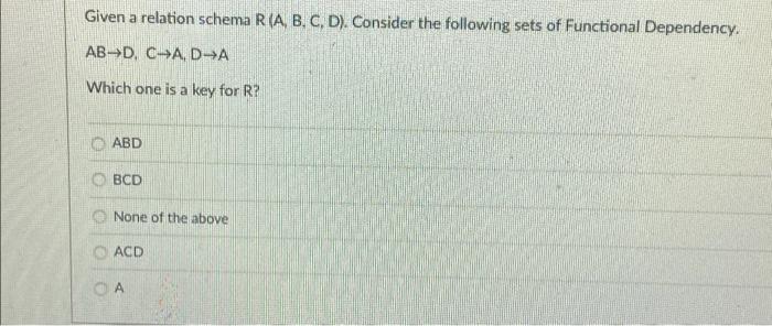 Solved Given a relation schema R(A, B, C, D). Consider the | Chegg.com