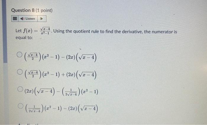 Solved Let f(x)=x2−1x−4. Using the quotient rule to find the | Chegg.com