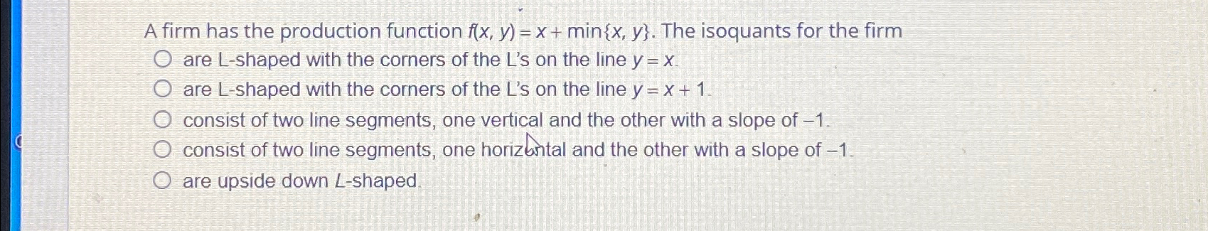 Solved A firm has the production function f(x,y)=x+min{x,y}. | Chegg.com