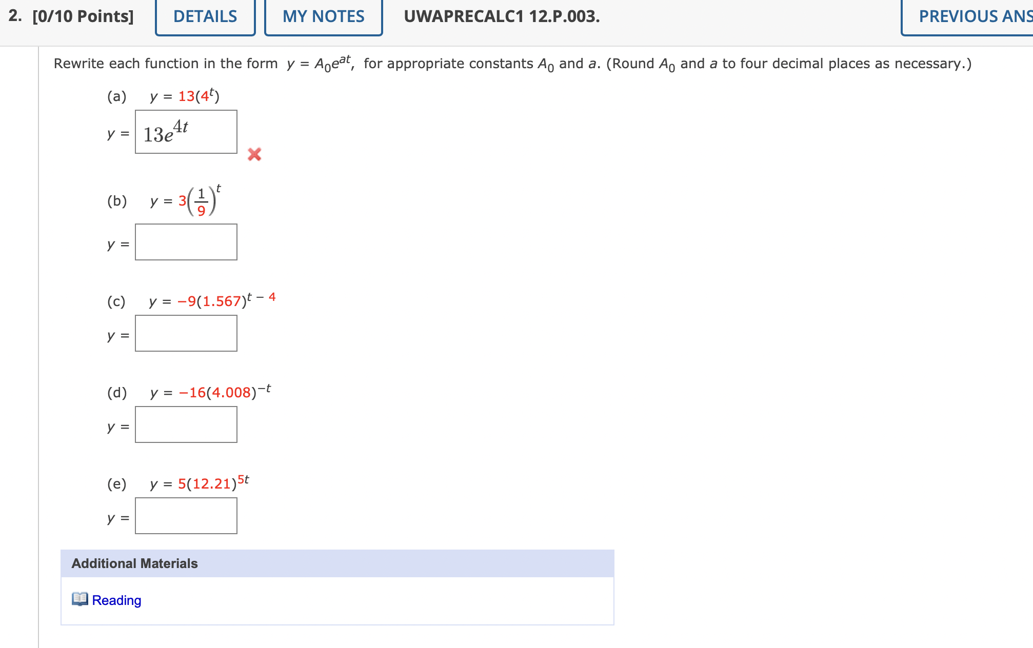 Solved Rewrite each function in the form y=A0eat, ﻿for | Chegg.com