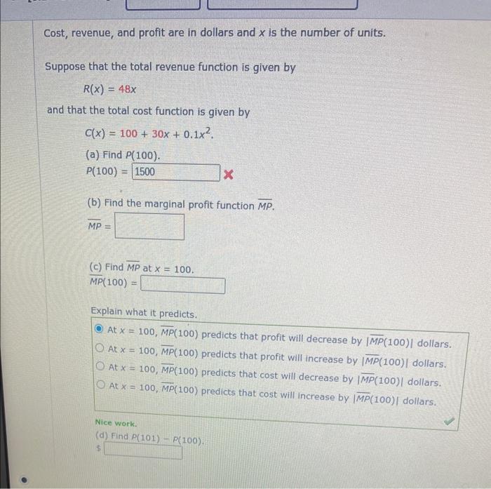 Solved Cost, revenue, and profit are in dollars and x is the | Chegg.com