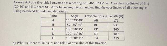 Solved Course AB of a five-sided traverse has a bearing of | Chegg.com