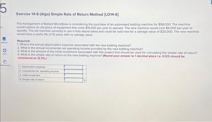 Solved Exercise 14-6 (Algo) Simple Rate of Return Method | Chegg.com