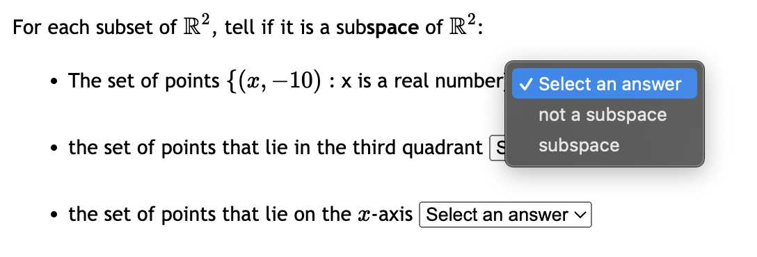 Solved For each subset of R2, ﻿tell if it is a subspace of | Chegg.com