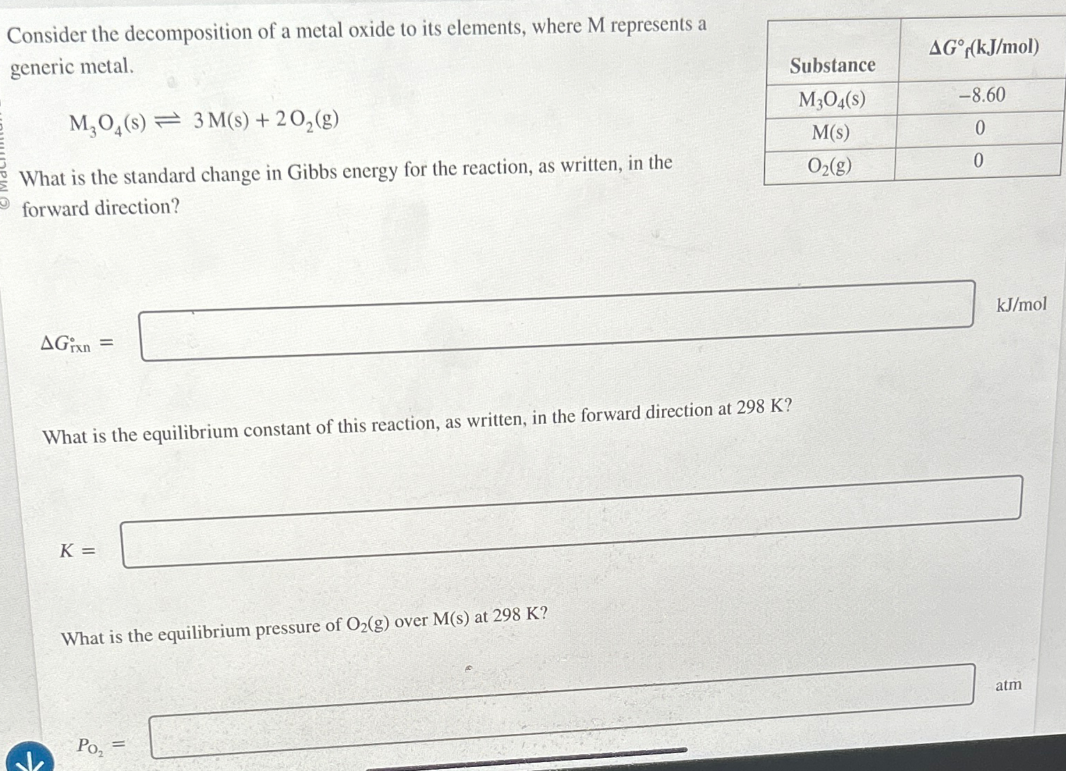 Solved Consider the decomposition of a metal oxide to its | Chegg.com