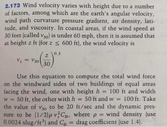 Solved 2.173 Wind velocity varies with height due to a | Chegg.com