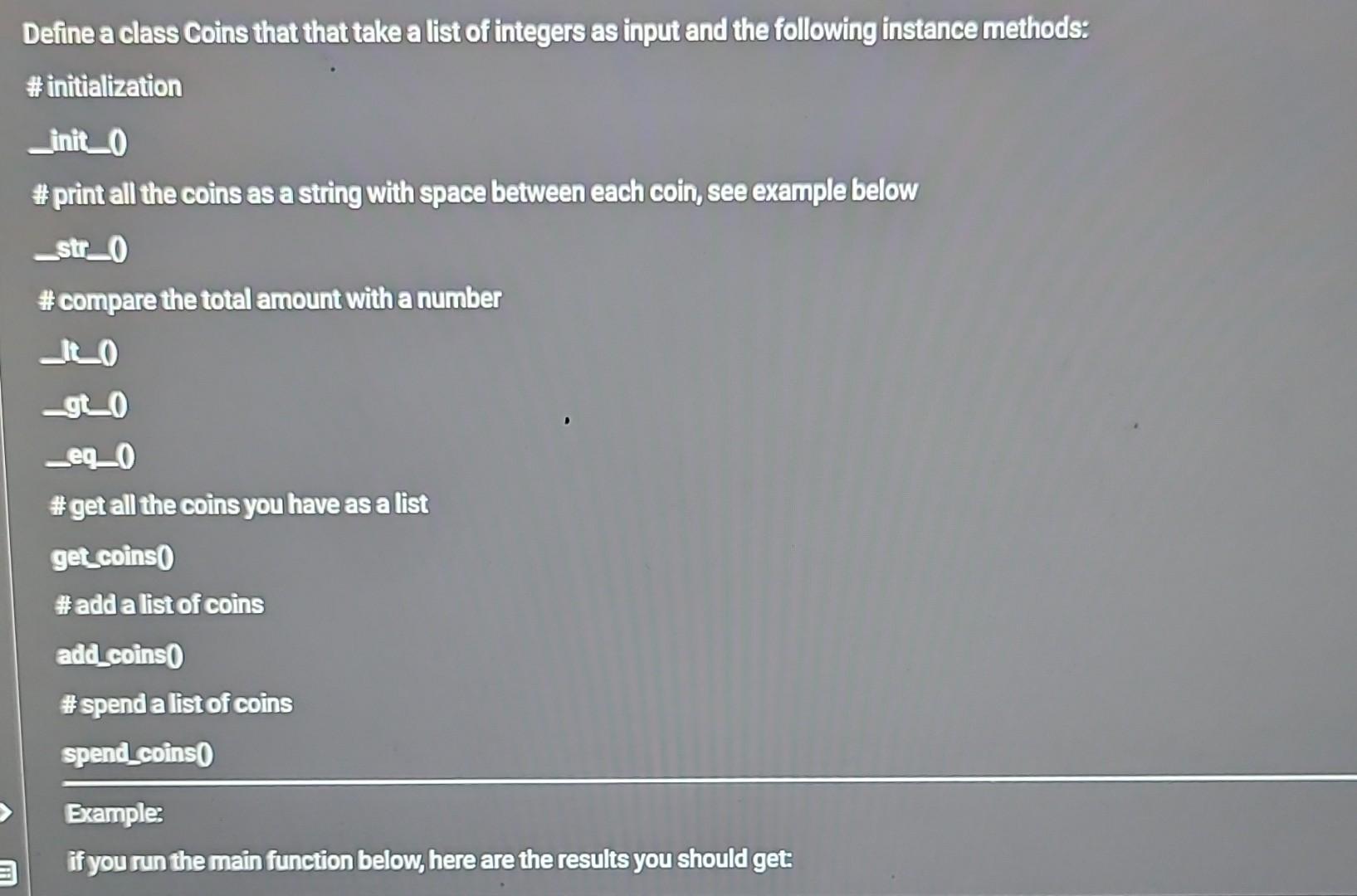Solved Define a class Coins that that take a list of | Chegg.com