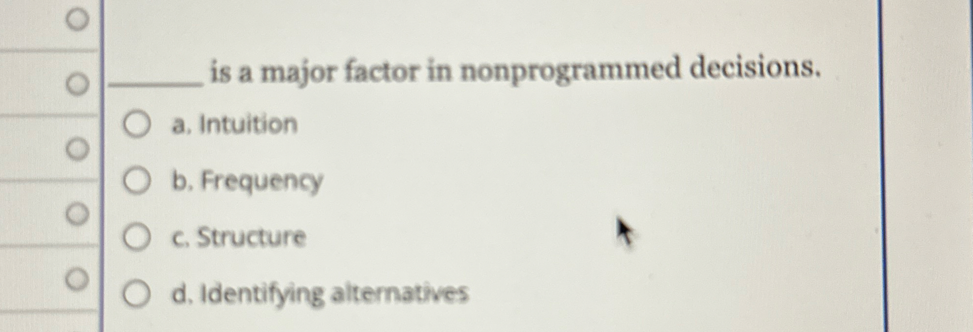 Solved q, ﻿is a major factor in nonprogrammed decisions.a. | Chegg.com
