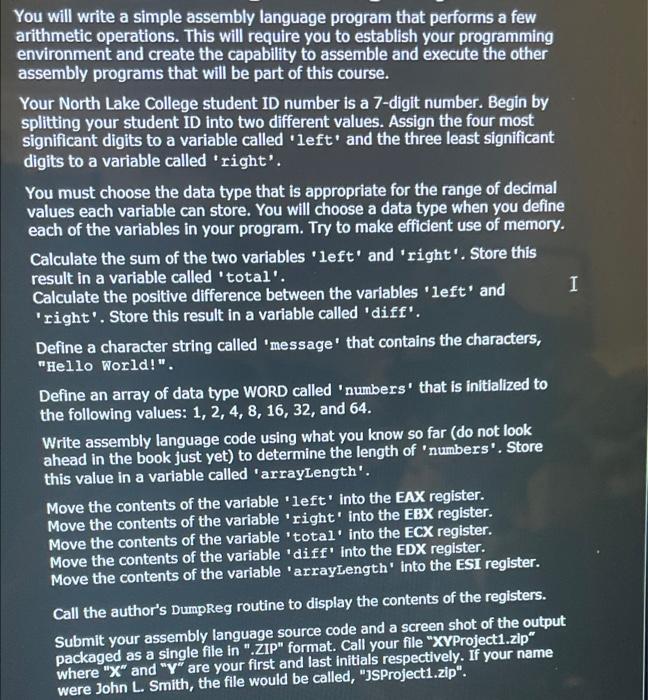 Solved You will write a simple assembly language program | Chegg.com
