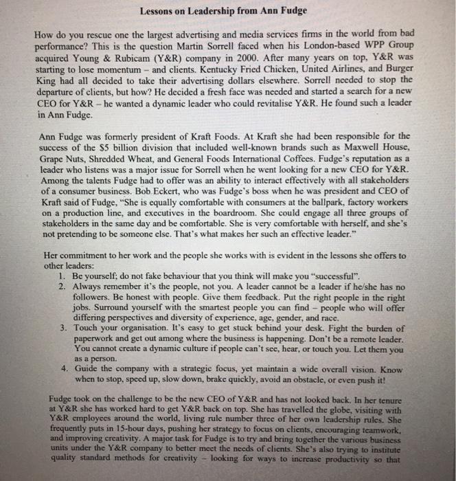 Solved Lessons on Leadership from Ann Fudge How do you | Chegg.com