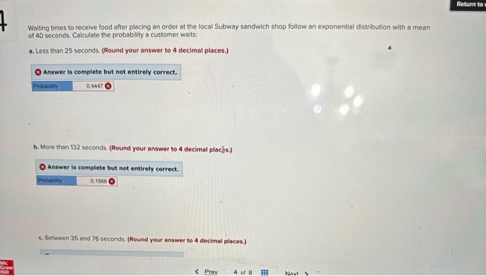 Solved Waiting times to receive food after placing an order | Chegg.com