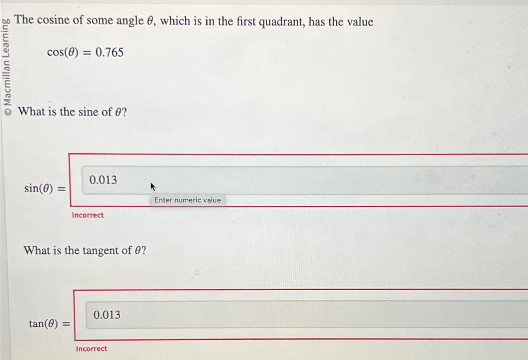 Solved The cosine of some angle θ, ﻿which is in the first | Chegg.com