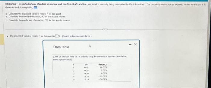 Solved Integrative - Expected return, standard deviation, | Chegg.com