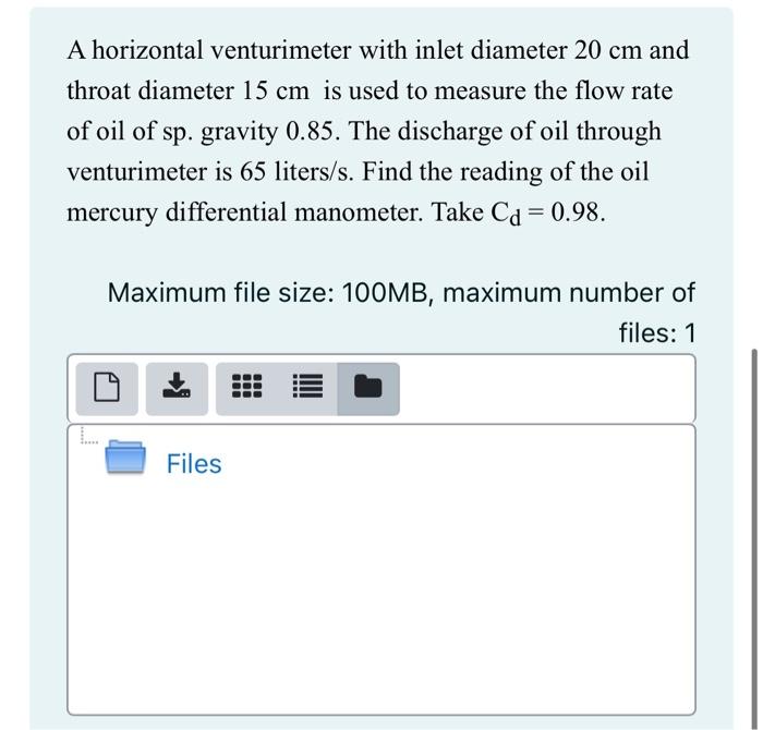 Solved A horizontal venturimeter with inlet diameter 20 cm | Chegg.com