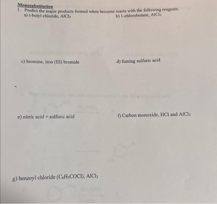 Solved Monosubstitution 1. Predict the major products formed | Chegg.com