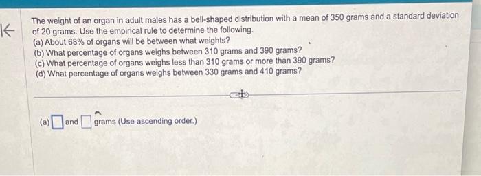 Solved The weight of an organ in adult males has a | Chegg.com