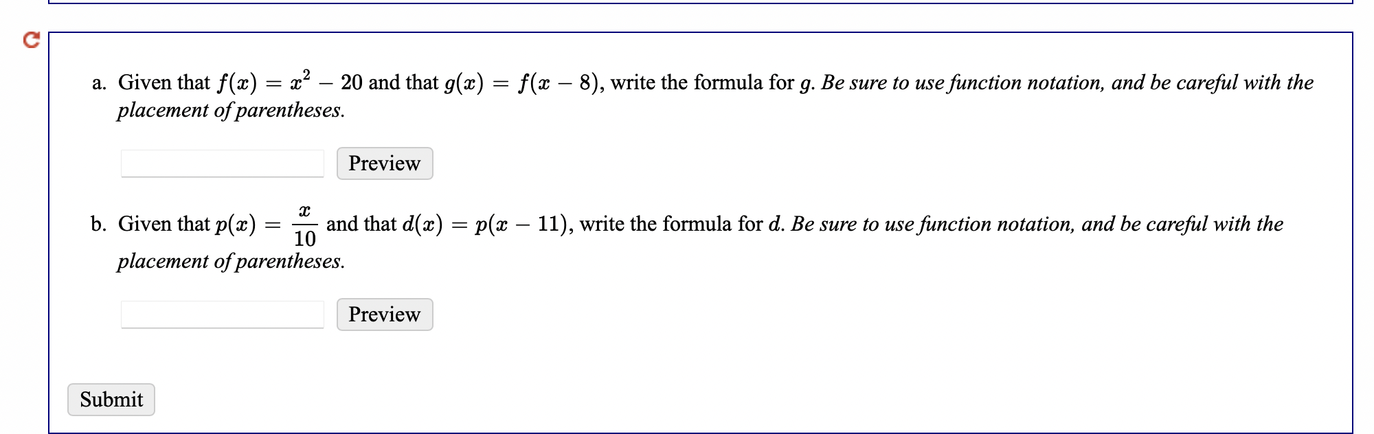 Solved a. ﻿Given that f(x)=x2-20 ﻿and that g(x)=f(x-8), | Chegg.com