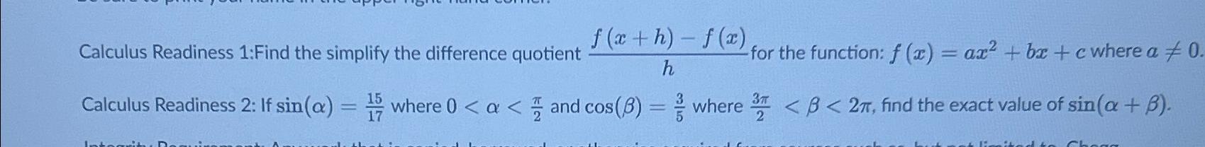 Solved Calculus Readiness 1:Find the simplify the difference | Chegg.com