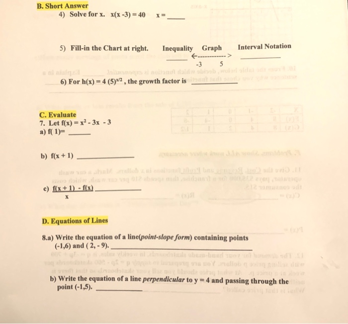 Solved B. Short Answer 4) Solve for x. x(x-3) = 40 x 5) | Chegg.com