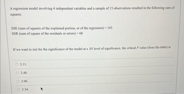 Solved A Regression Model Involving 4 Independent Variables