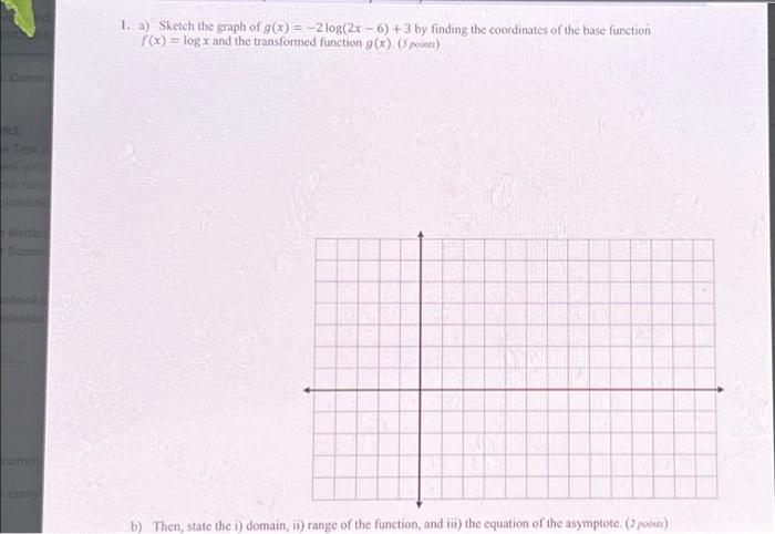 1. a) Sketch the graph of g(x)=−2log(2x−6)+3 by | Chegg.com