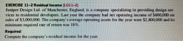 Solved EXERCISE 11-2 Residual Income (L011-2] Juniper Design | Chegg.com