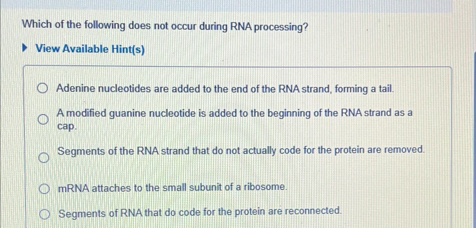 Solved Which of the following does not occur during RNA | Chegg.com