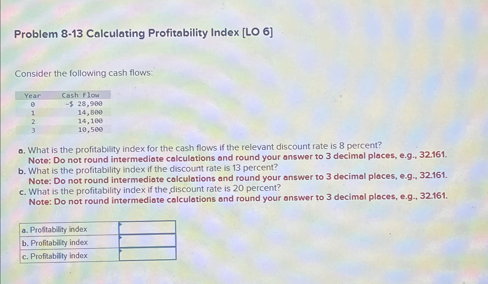 Solved Problem 8-13 ﻿Calculating Profitability Index [LO | Chegg.com