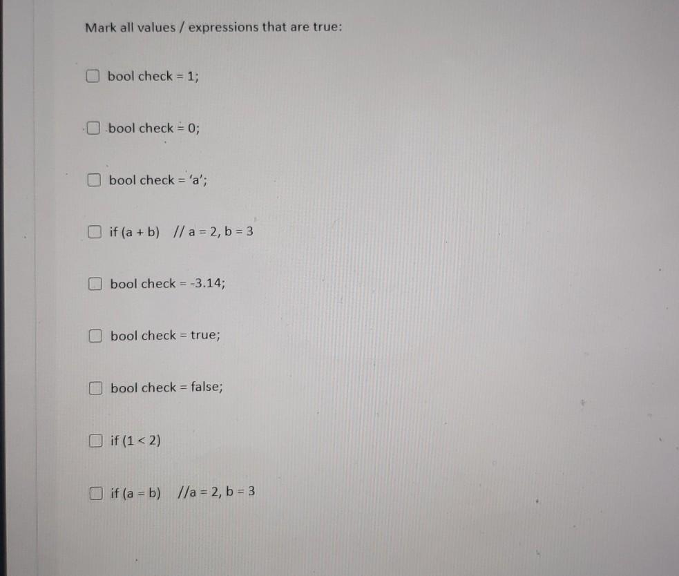 Solved Mark all values / expressions that are true: bool | Chegg.com