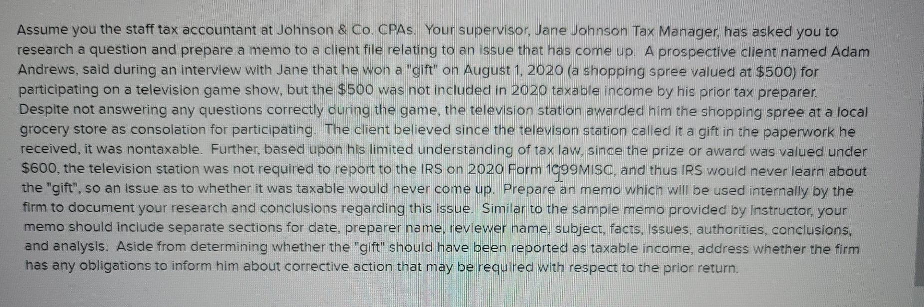 Solved Assume you the staff tax accountant at Johnson & Co. | Chegg.com