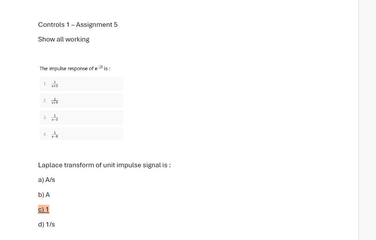 Solved Controls 1 -Assignment 5Show all workingThe impulse | Chegg.com