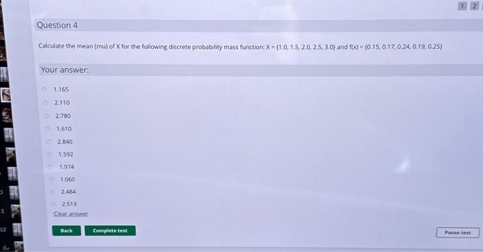 Solved 1 12 E Question 4 Calculate the mean (mu) of X for | Chegg.com