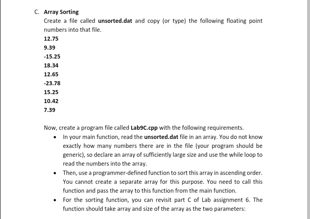 Solved C. ﻿Array SortingCreate a file called unsorted.dat | Chegg.com