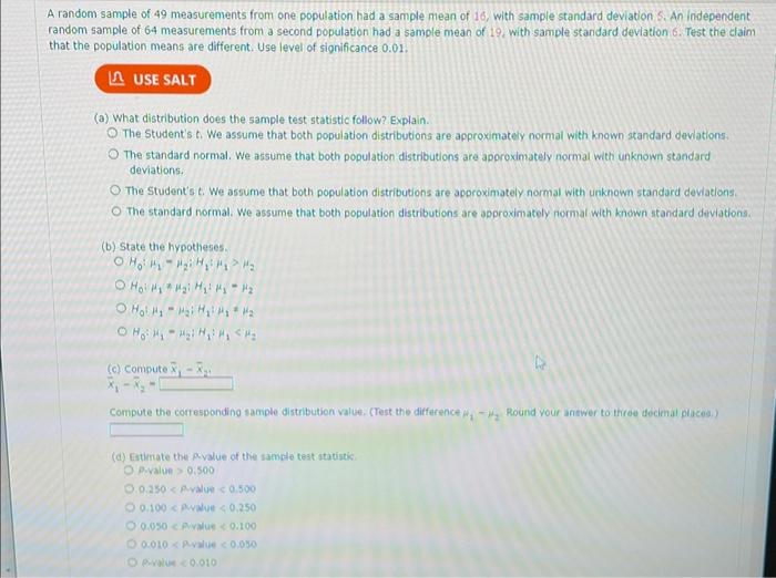 Solved random sample of 49 measurements from one population | Chegg.com Solved random sample of 49 measurements from one population | Chegg.com