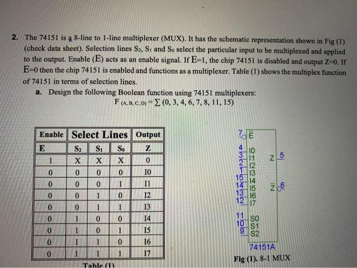Solved 2. The 74151 is a 8-line to 1-line multiplexer (MUX). | Chegg.com
