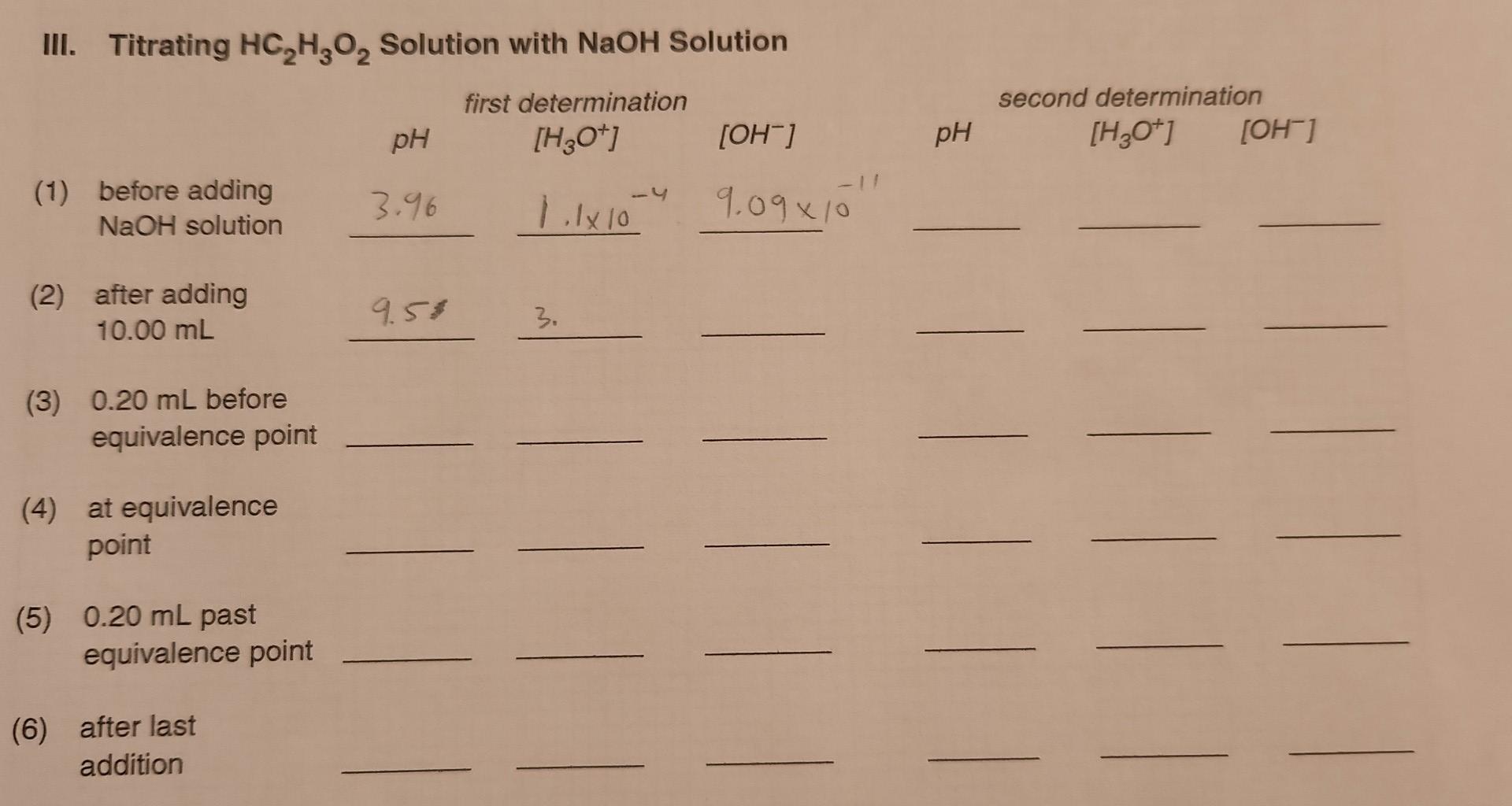 III. Titrating HC2H3O2 Solution with NaOH Solution | Chegg.com