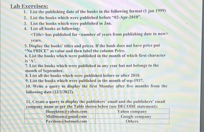 Solved Lab Exercises: 1. List the publishing date of the | Chegg.com