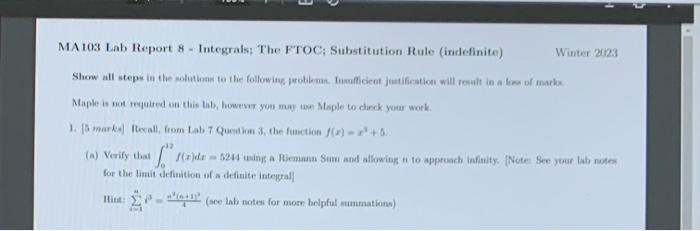MA 103 Lab Report 8 - Integrals; The FTOC; | Chegg.com