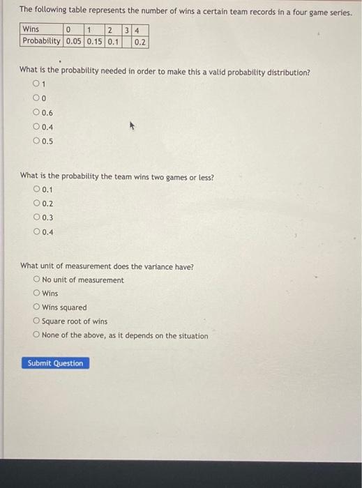 Solved The following table represents the number of wins a | Chegg.com
