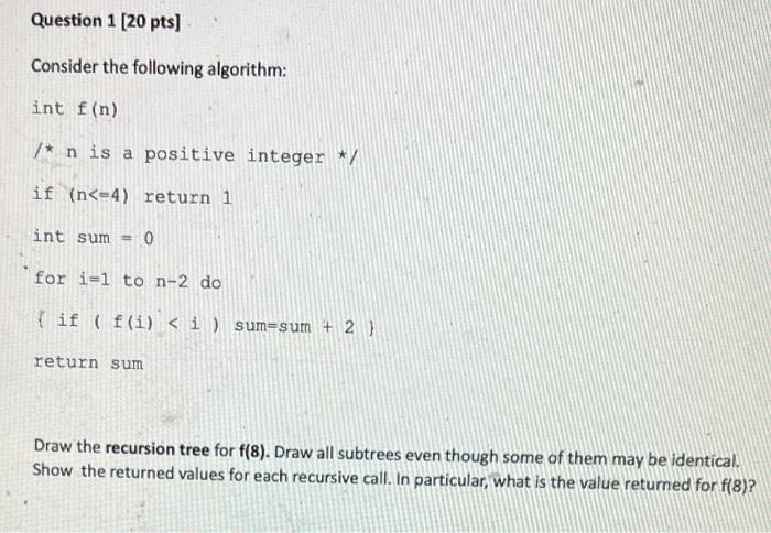 Solved Consider the following algorithm: int f(n) /⋆n is a | Chegg.com