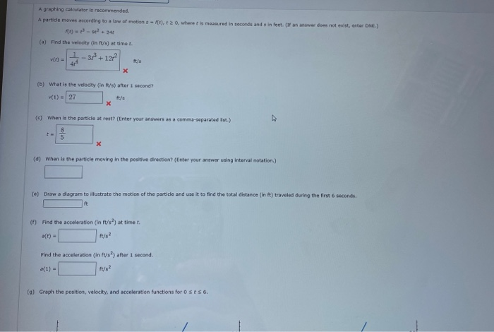 Solved A graphing calculator is recommended A particle moves | Chegg.com