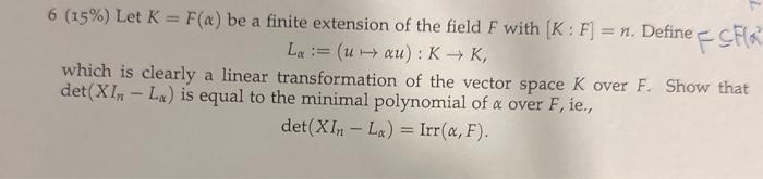 Solved 6(15%) Let K=F(α) be a finite extension of the field | Chegg.com