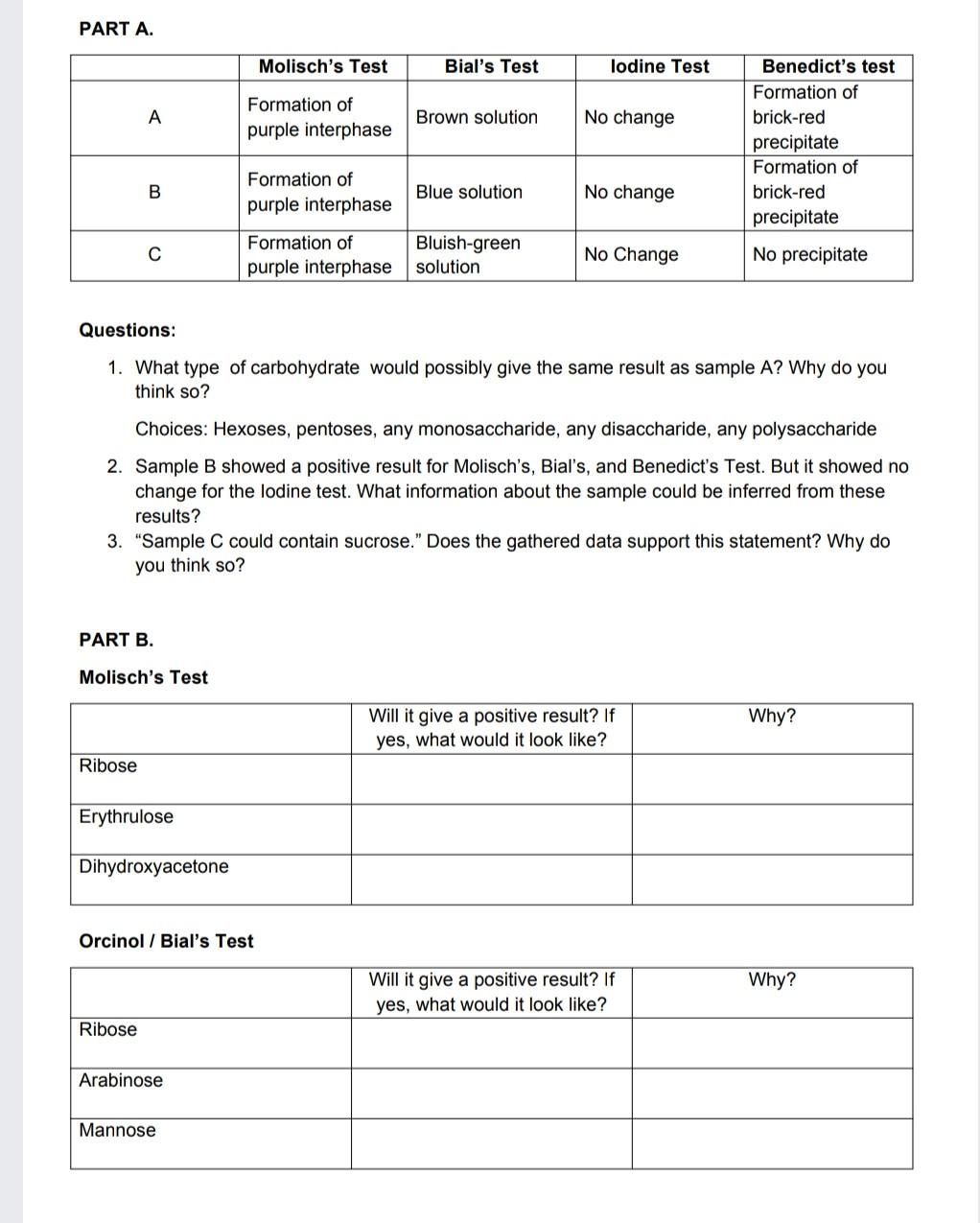Solved PART A. Molisch's Test Bial's Test lodine Test A | Chegg.com